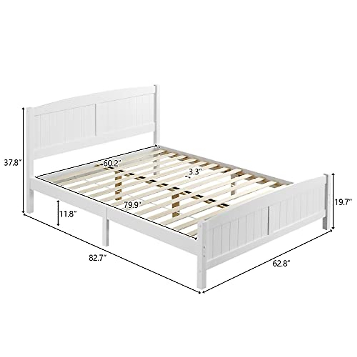 nycsuoani Queen Bed Frame No Box Spring Needed Queen Size Single-Layer Core Vertical Stripe Full-Board Curved Headboard with The Same Bed Tail Wooden Bed 82.6 x 62.8 x 37.8 in. White