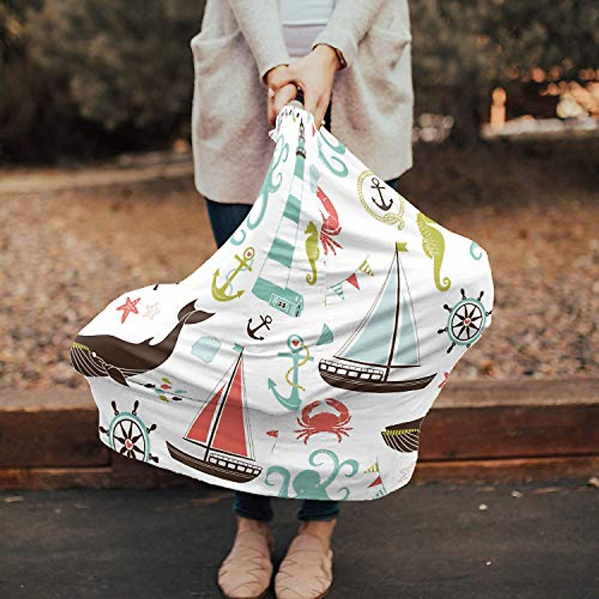 Nautical Ultra-Soft Baby Car Seat Cover for Spring Autumn Winter, Windproof Shopping Cart Covers, Breastfeeding Scarf High Chair Covers - Cute Marine Life Sailing Houselight