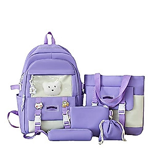 4Pcs Kawaii Canvas School Backpack with Pendant, Aesthetic Laptop Shoulders Ita Bag, School Supplies Stationary for Back to School (Purple)