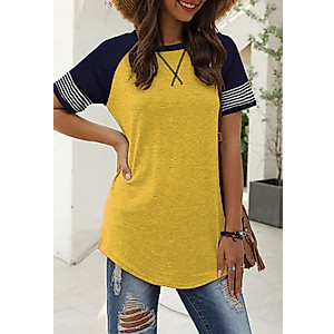 Adibosy Women Summer Casual Shirts: Short Sleeve Striped Tunic Tops - Womens Color Block Tee Tshirt Blouses Yellow L
