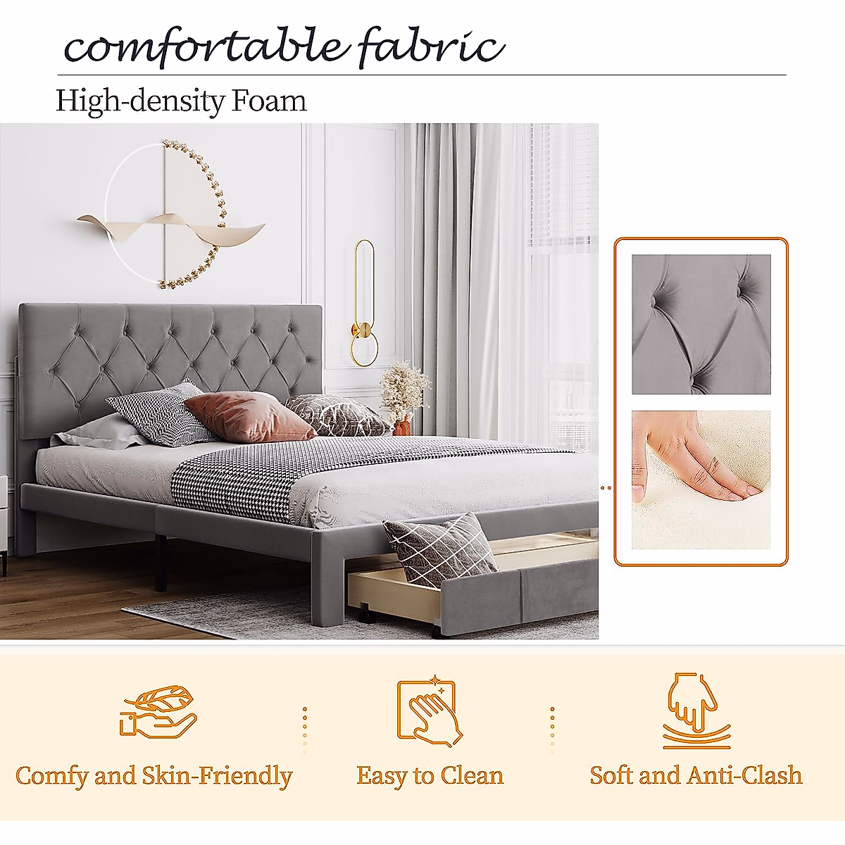 Full Size Velvet Upholstered Platform Bed Frames with Large Storage Drawer and Adjustable Headboard, Wood Slat Support for Bedroom Boys Girls Teens Adults, No Box Spring Needed (Full, Grey)