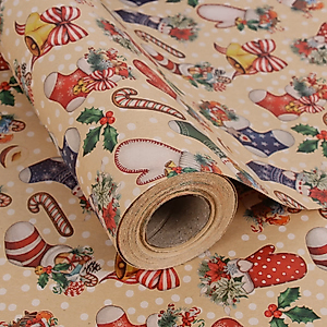 Aimyoo Kraft Christmas Wrapping Paper Jumbo Roll, Christmas Stockings Candy Canes Gloves Designs, Kids Xmas Gift Wrap Paper 17 in x 32 ft
