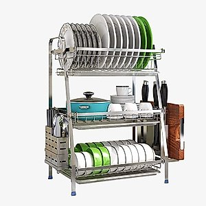 Plate Rack Dish Drainer Rack Kitchen Supplies Storage Draining with Chopsticks/Knives/Cutting Board Holder Drainboard Pan Plate Holder (Color : Silver, Size : 3-Tier)