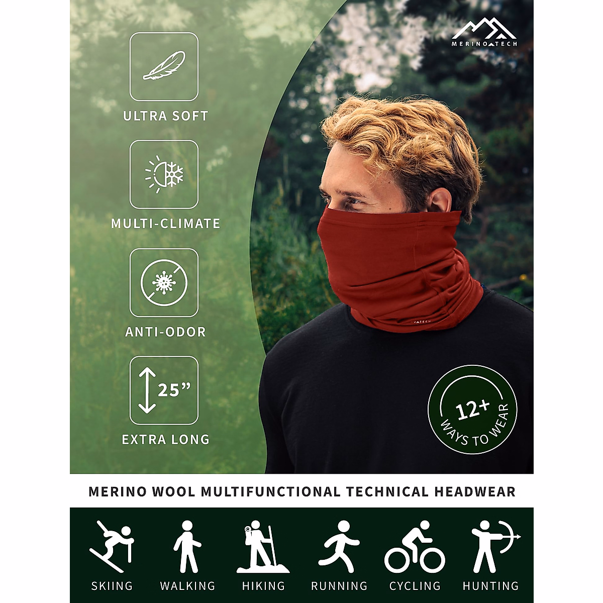 Merino.tech Merino Wool Ski Neck Gaiter - Face Mask Neck Warmer for Men & Women (Black)