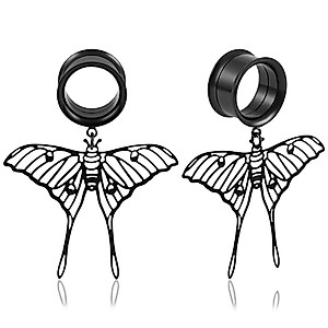 Atomhole 2PCS Butterfly Pendant Ear Plugs Tunnels Hypoallergenic Ear Gauges 316 Stainless Steel Ear Expander Stretcher Earrings Piercing Body Jewelry 2g-1" (6mm-25mm)