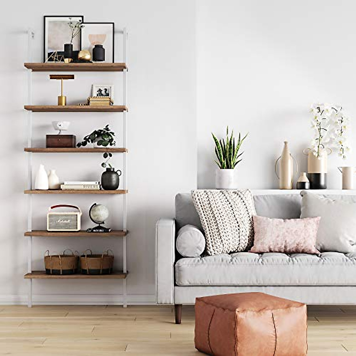 Nathan James Theo 6-Shelf Tall Bookcase, Rustic Oak/White & Theo Industrial Bookshelf with Wood Drawers and Matte Steel Frame, 3-Shelf, Oak/White