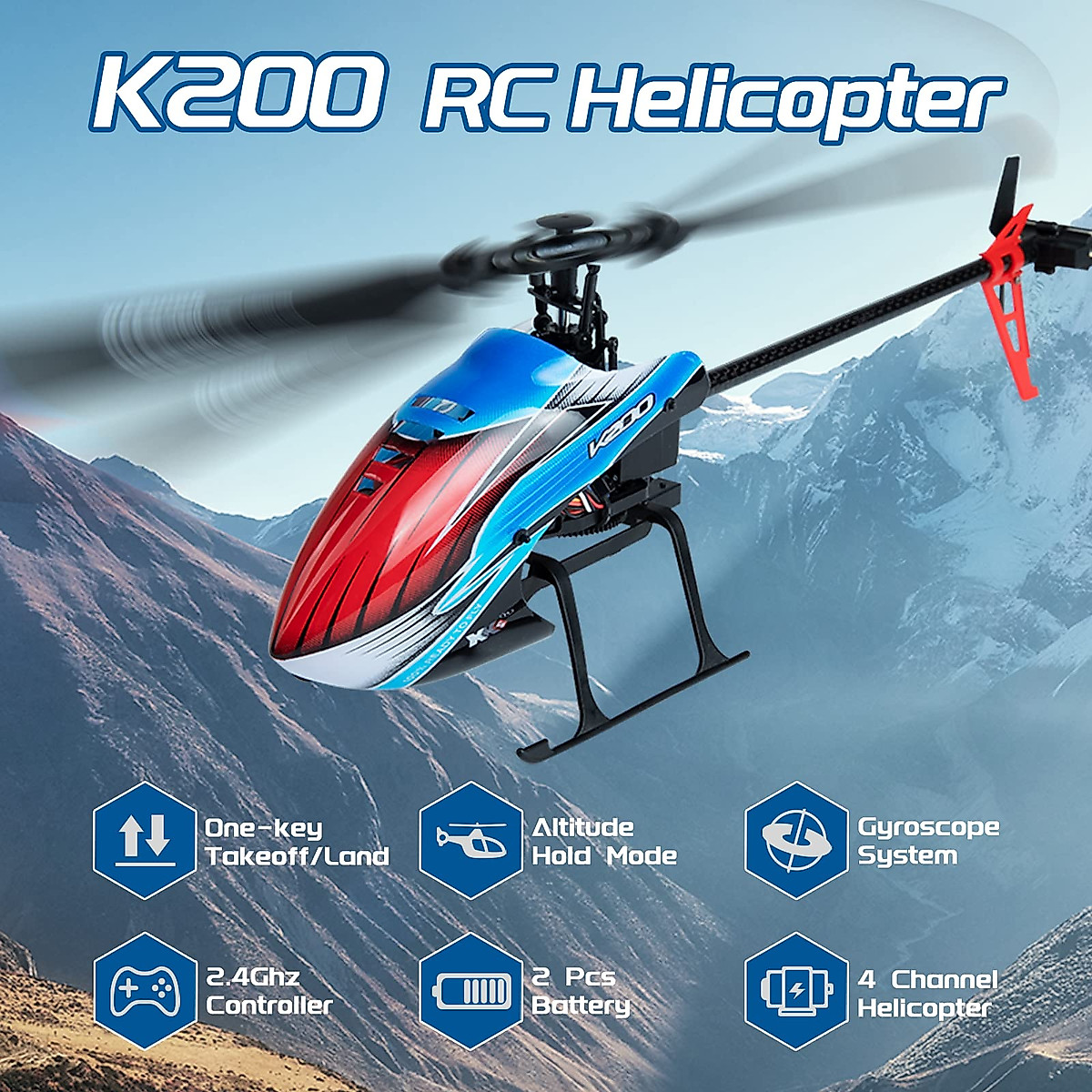 CKYSCHN 4-CH RC Helicopters, WLtoys K200 Remote Control Helicopters One Key Take Off/Landing, 2.4G Mini RC Helicopters 2 Shells 2 Battery, Hobby RTF Helicopter for Adults