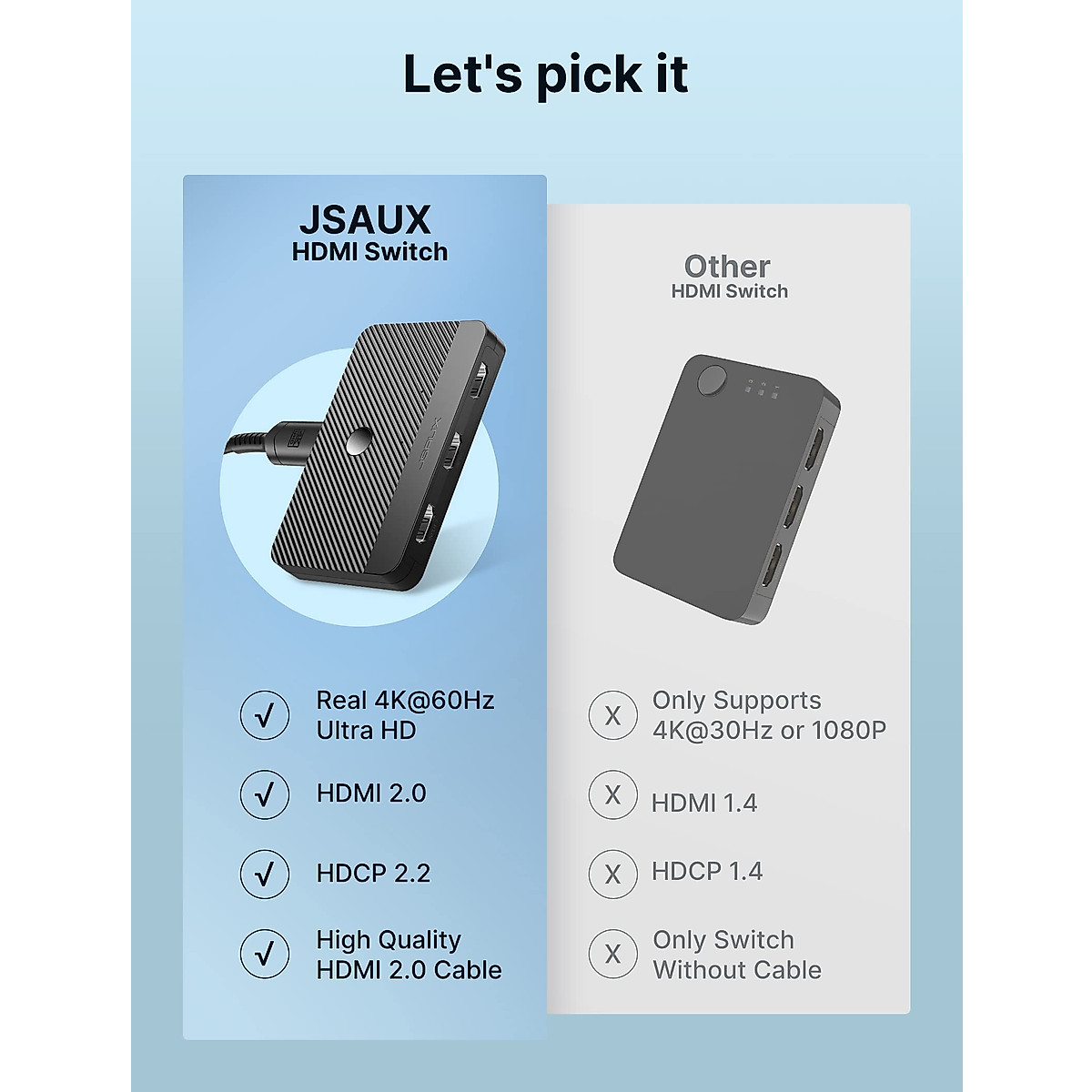 4k@60Hz HDMI 2.0 Switch Splitter with 3.3FT HDMI Cable, JSAUX HDMI Switcher 3 in 1 Out, 3 Port HDMI Selector, Support 4K, 3D, HDCP 2.2, 1080P, HDR Compatible with PS5, PS4, HDTV, Fire Stick, Roku, PC
