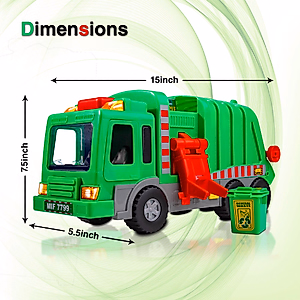 Playkidz Kids 15" Garbage Truck Toy with Lights, Sounds, and Manual Trash Lid, Interactive Early Learning Play for Kids, Indoor and Outdoor Safe, Heavy Duty Plastic