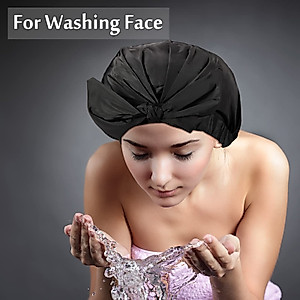 4 Pieces Shower Caps for Women, Waterproof Reusable Shower Hair Caps Elastic Hem Turban Shower Bath Caps Bowknot Satin Bath Hair Caps for Long Short Curly Hair (Stripe, Black, Beige,Palm Leaves)