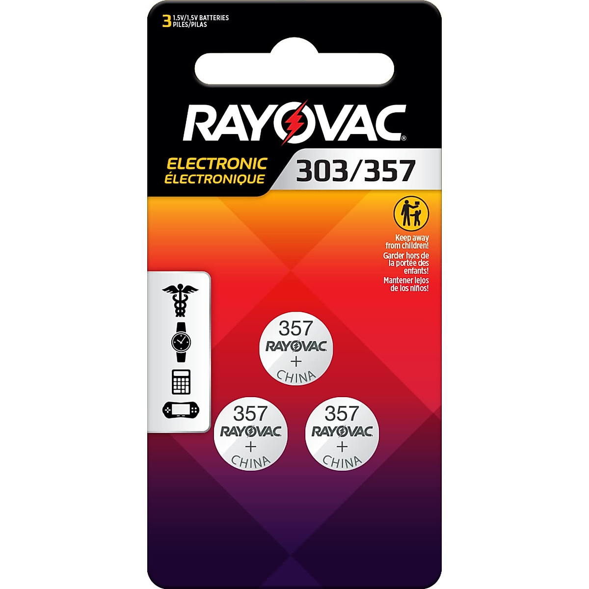Rayovac LR44 Battery, Silver Oxide 303, 357, AG13, or SR44 1.5 Volt Batteries (3 Battery Count)