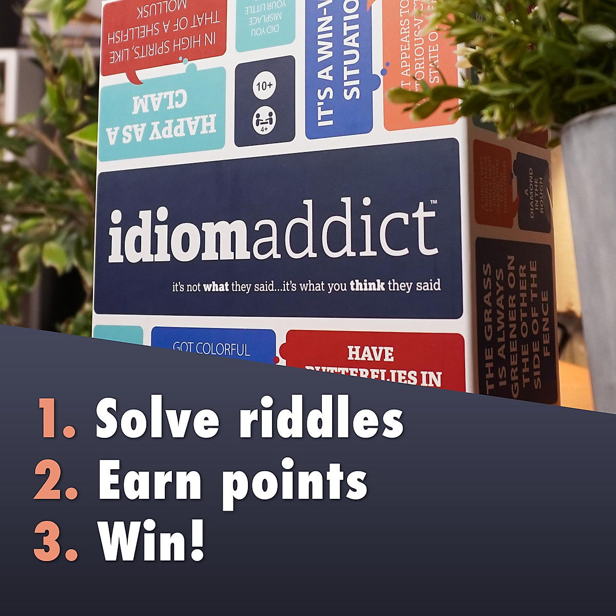 Idiom Addict, Decipher The Gibberish Phrase, 2400 Funny Brain Teasers, Large Group Party Game for 4+ Players