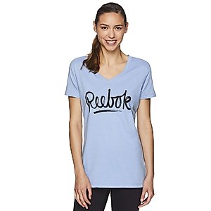 Reebok Womens V-Neck Script Logo Graphic T-Shirt, Blue, Large