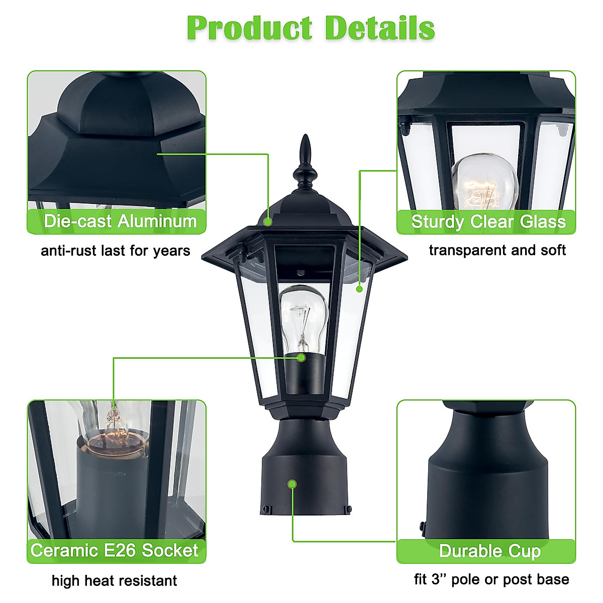 YaoKuem Outdoor Post Light, Pole Lantern, E26 Base 60W Max, Aluminum Housing Plus Glass, Wet Location Rated, Bulbs not Included, Matte Black, 1 Pack