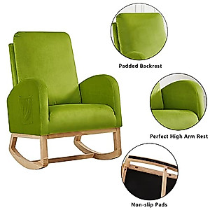 Setawix Rocking Chair for Nursery, Midcentury Modern Accent Rocker Armchair with Side Pocket, Upholstered High Back Wooden Rocking Chair for Living Room Baby Room Bedroom (Green - Velvet)