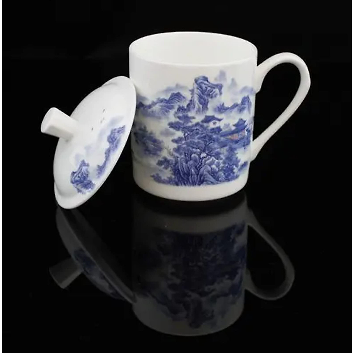 XIYUAN Fine Handmade Ceramics Tea Cup with Lid,(Landscape pattern) Chinese Jingdezhen Blue and White Porcelain Tea Cup Infuser for: Home Party, Office, Reception Room