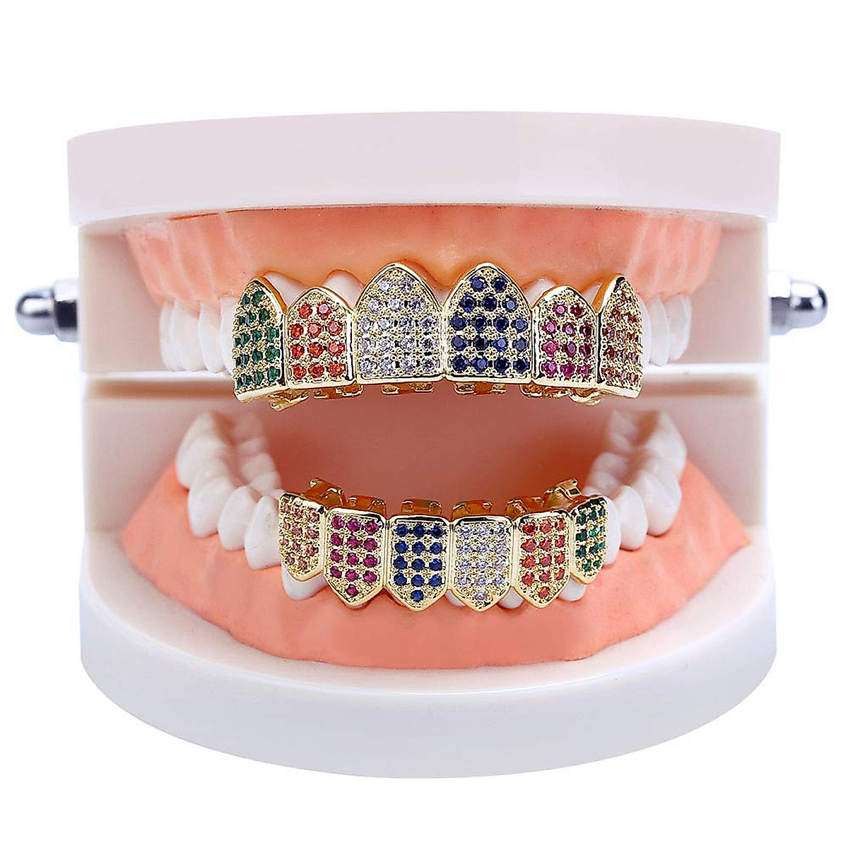 KMASAL LC8 Jewelry Hip Hop Unisex Men 18K Gold Plated Rainbow Iced Out CZ Simulated Diamond Top and Bottom Teeth Grillz Set for Women (Gold)