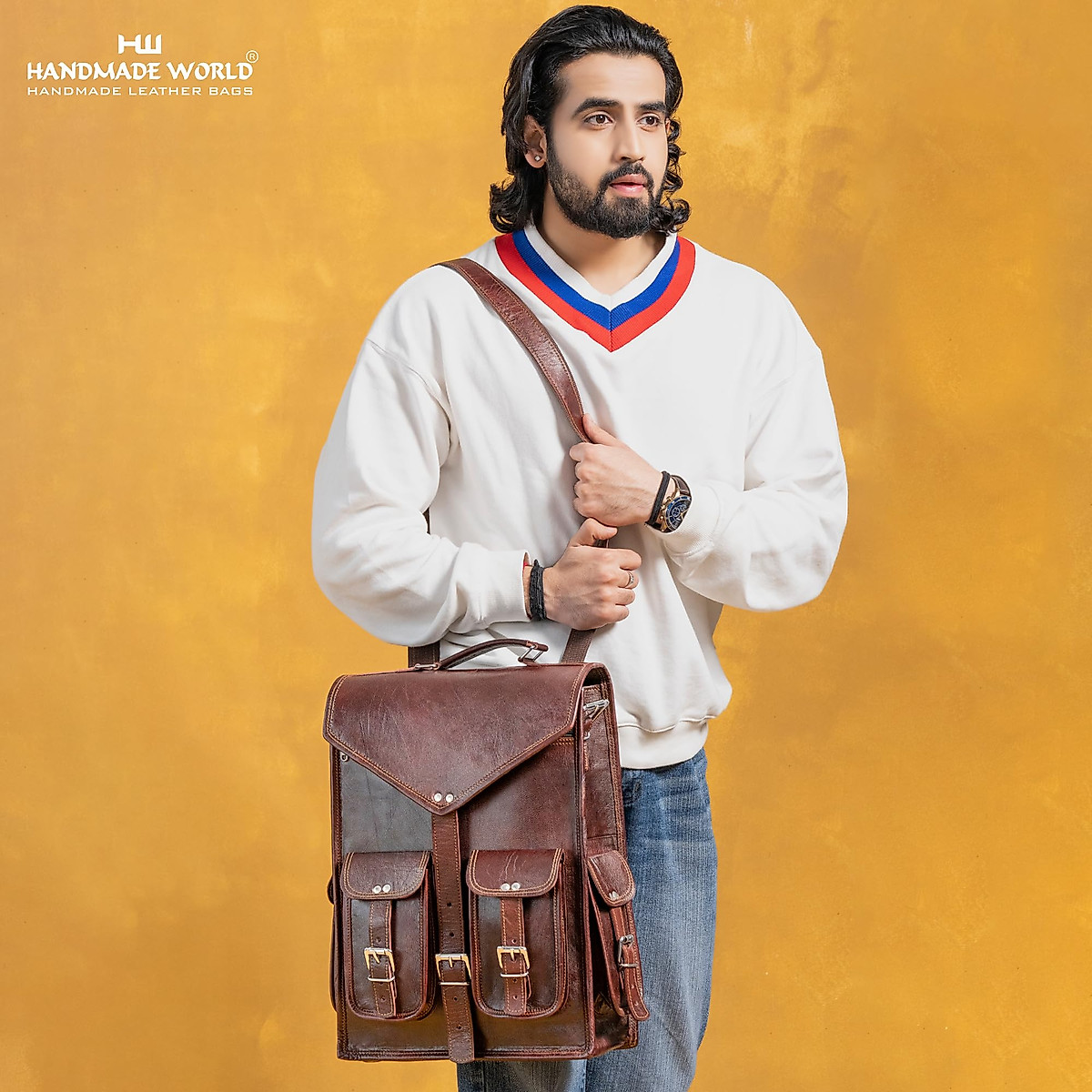 Handmade World Brown Vintage Leather Backpack Laptop Messenger Bag Rucksack Sling for Men Women (11" x 15")