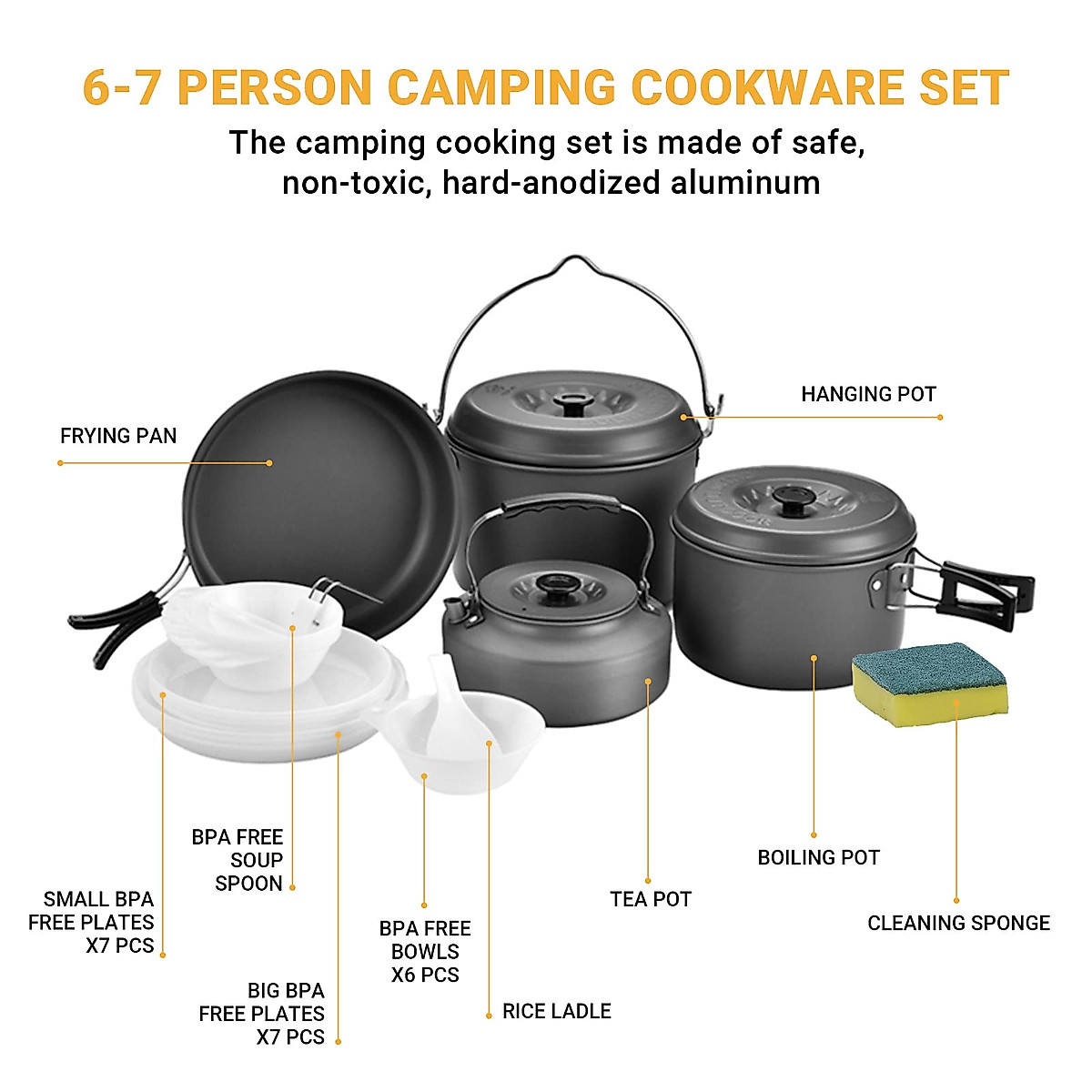 Bulin 13Pcs Camping Cookware Mess Kit, Nonstick Backpacking Cooking Set, Outdoor Cook Gear for Family Hiking, Picnic Lightweight Cookware Sets(Kettle, Pots, Frying Pan, BPA-Free Bowls, Plates, Spoon)