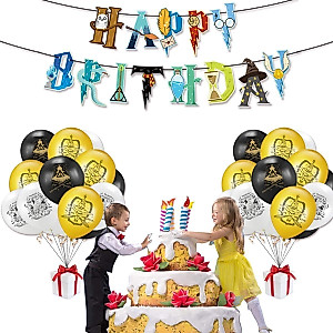 Birthday Party Decoration Boys Magical Wizard Themed Party Decorations Happy Birthday Banner Cupcake Toppers Balloons Party Supplies For Harry Magical Potter Birthday (Golden)
