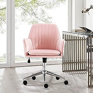 Altrobene Velvet Desk Chair, Ergonomic Computer Task Chair, Accent Reception Chair, 360 Degree Swivel, Height Adjustable, for Home Office/Study/Girls' Bedroom, Pink
