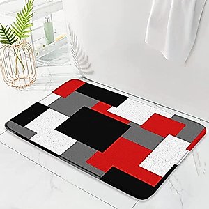 FEIERMAN Red Black Bath Mat White Gray Abstract Geometry Pattern Microfiber Memory Foam Bathroom Decor Mat Not Easy to Slide Backing 17.8X 29.5 Inch/45x 75cm