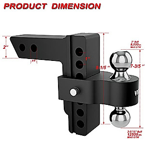 VNN Adjustable Trailer Hitch, Fits 2-Inch Receiver Only, 6-Inch Drop/Rise Aluminum Drop Hitch, 12,500 LBS GTW-Drop Hitch Ball Mount for Heavy Duty Truck, Black