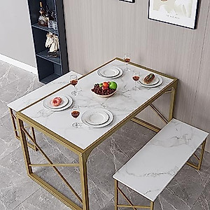 VECELO Kitchen Table with 2 Benches for 6,Wood Dining Room Dinette Sets with Metal Frame for Breakfast Nook and Small Space, 55", White&Gold