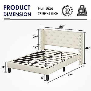 Lonkwa Full Size Bed Frame with Upholstered Wingback Headboard, Beige Platform Bed Frames with Tufted Diamond Button Headboard, Sturdy Wooden Slats, Noise-Free, Easy Assembly