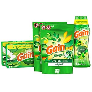 Gain Laundry Bundle: Gain Flings Laundry Detergent Pacs (2x35ct), Gain Dryer Sheets (2x34ct), Gain Fireworks Laundry Scent Booster Beads (14.8 oz)