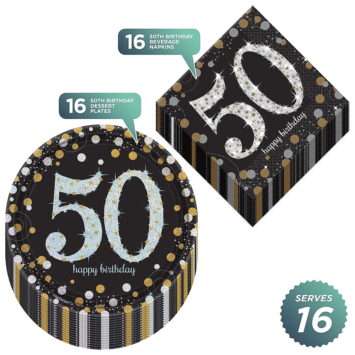 50th Birthday Party Supplies - Metallic Silver and Gold Dot Paper Dessert Plates and Napkins (Serves 16)