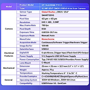HTENG VISHI High Speed USB3.0 1/5.6" 0.3MP Machine Vision Global Shutter Monochrome Digital Industrial Camera C-Mouth Supports Windows and Linux SDK Area Scan Camera 640x480 790FPS Indoor