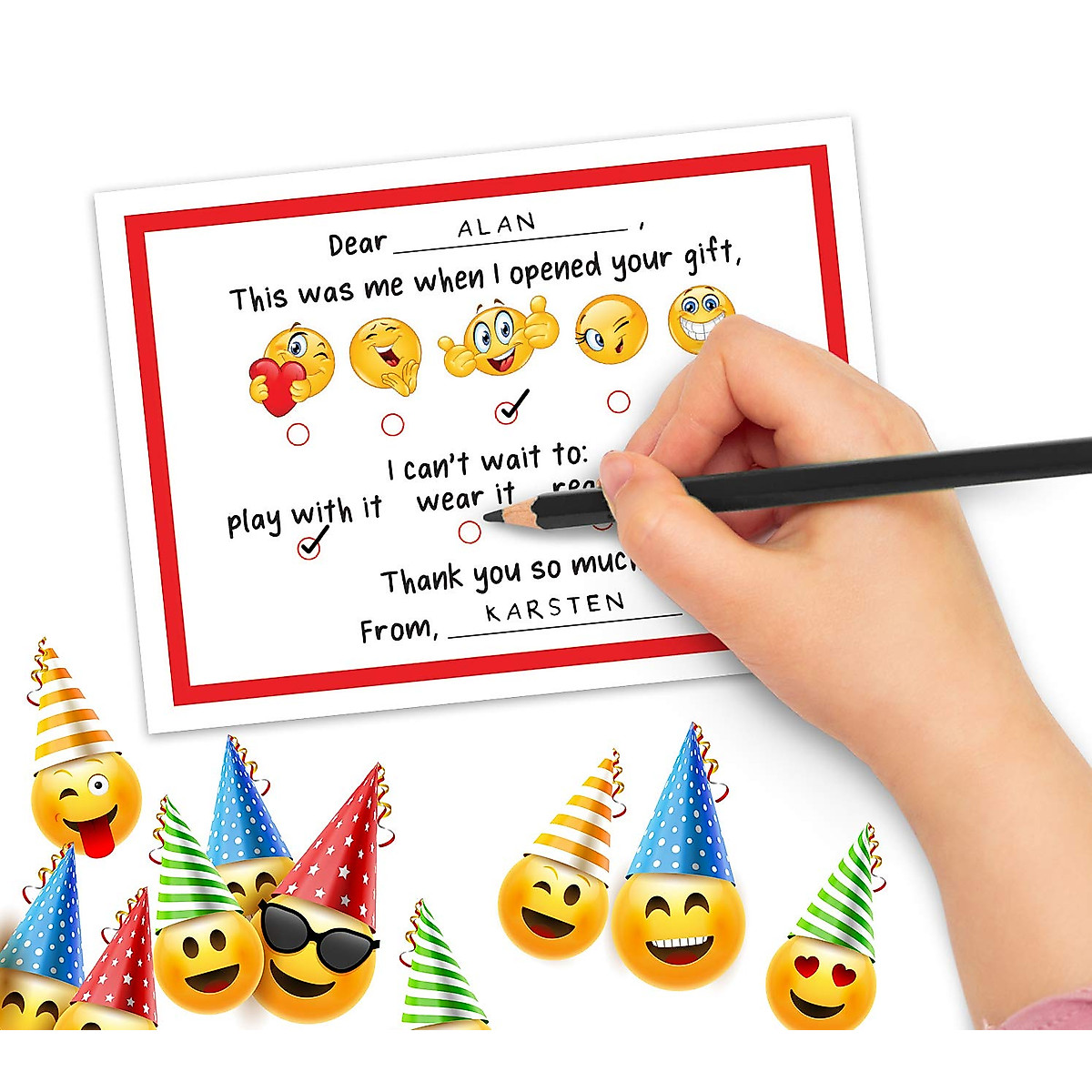 Kids Fill in the Blank Emoji Thank You Notes 5 x 7" - 25 Cards with Red Envelopes Fun, Easy Gender Neutral Thank Yous for Boys or Girls