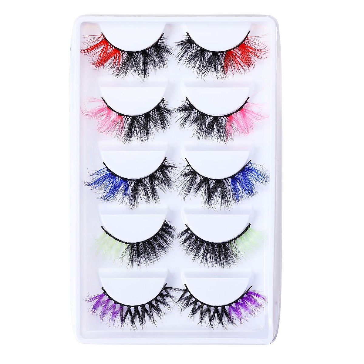 gootrades 2023 5 Pairs Colored False Eyelashes Pack, 3D Fluffy Faux Mink Color Eye Lashes Strip Wipsy Multicolored Two-Toned Fake Lashes for Daily Christmas Cosplay, Red/Pink/Blue/Green/Purple Lashes on the End