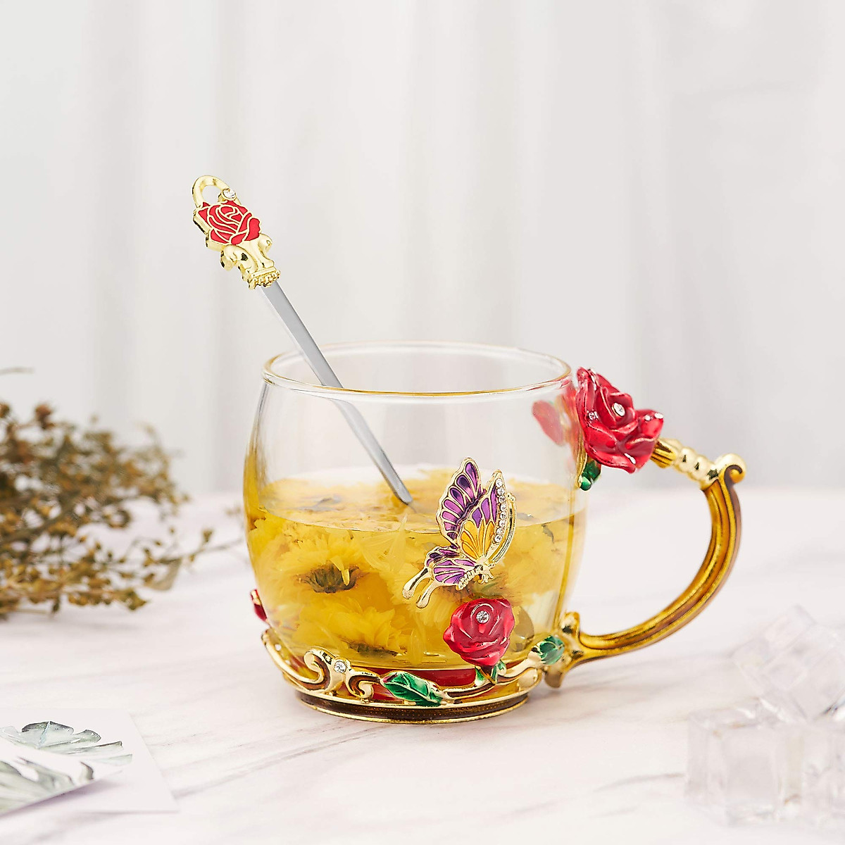 JLTPH Enamel Flower Glass Tea Cup, Clear Lead-Free Coffee Mugs with Spoon Cleaning Cloth, Tea Cup with Elaborate Handle for Women Birthday Valentines Wedding Day Mother's Day Gifts