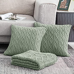 Homiest Sage Green Cable Knit Throw Blanket 90 x 90 Inch, Queen Lightweight Blanket Acrylic Knitted Throw Blanket with Diamond Texture, Soft & Cozy Blanket Decorative Throw Blanket for Couch Bed Sofa