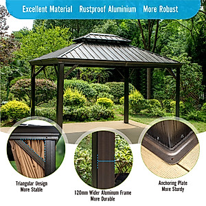 MFSTUDIO 10' x 12' Hardtop Gazebo with Curtains and Netting,Outdoor Polycarbonate Double Roof Canopy, Aluminum Frame Permanent Pavilion for Patios,Gardens,Lawns (Brown)