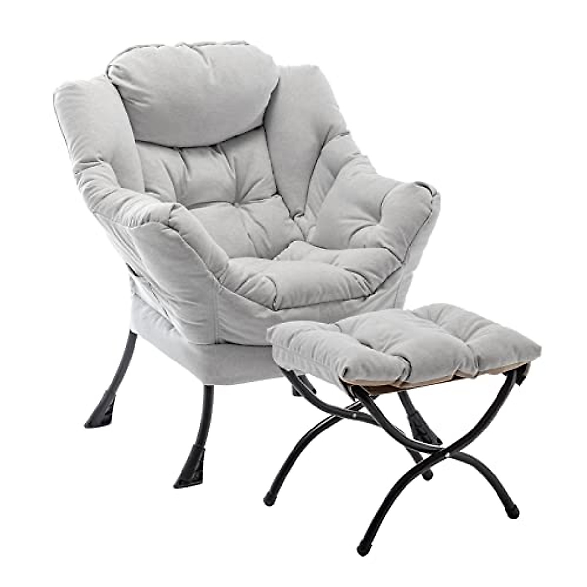 SESHINELL Lazy Chair with Ottoman, Modern Accent Chair Contemporary Lounge Leisure Sofa Chair with Armrests, Reading Chair and Folding Footstool Set for Living Room, Bedroom, Office, Light Grey