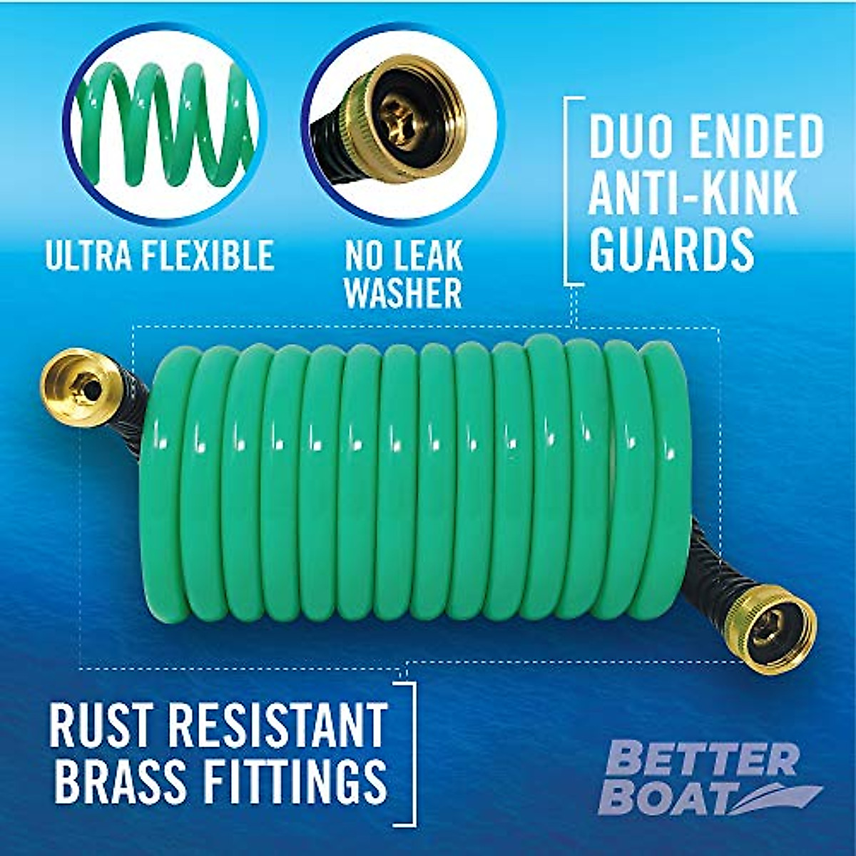 15FT Coiled Boat Hose | Coil Hose Water Hoses Expandable Perfect Coil Water Hose RV Wash Water Hose Spring Washdown Short Small 15 Foot Coiling Garden Marine Grade 3/4 Inch Connectors Self Recoil