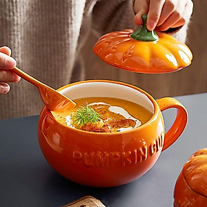 Luxshiny 2 Pcs Pumpkin Ceramic Soup Bowl Porcelain Pumpkin Shape Sugar Dessert Bowl with Lid Ceramic Dinnerware for Halloween