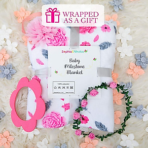 Sophia&Nikolas Baby Monthly Milestone Blanket | Includes Floral Wreath & Headband | 1 to 12 Months | Premium Extra Soft Fleece | Best Photography Backdrop| Mothers Day | Baby Girl