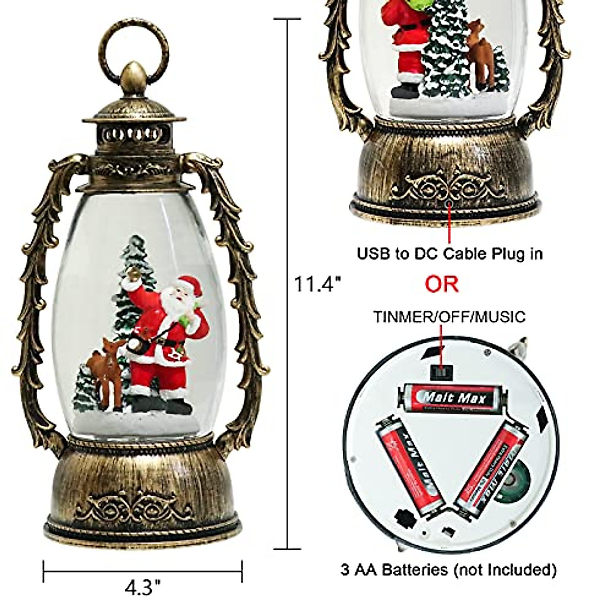 Wondise Lighted Christmas Snow Globes Musical Lantern Santa with Timer, Battery and USB Powered, Santa Resin Statue Spinning Water and Swirling Glitter Holiday Decor