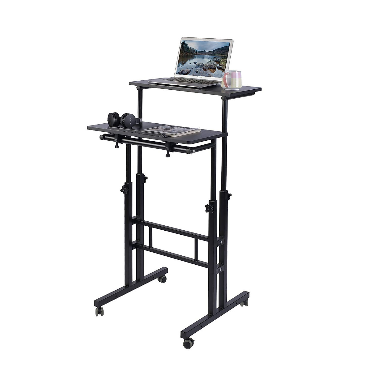 AIZ Mobile Standing Desk, Adjustable Computer Desk Rolling Laptop Cart on Wheels Home Office Computer Workstation, Portable Laptop Stand for Small Spaces Tall Table for Standing or Sitting, Black