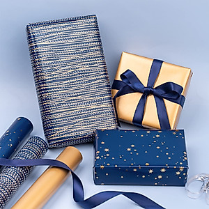 WRAPAHOLIC Wrapping Paper Roll - Mini Roll - 3 Rolls - 17 Inch X 120 Inch Per Roll - Navy and Gold Star/Stripe/Gold Pearlized Print for Birthday, Father's Day, Holiday, Party