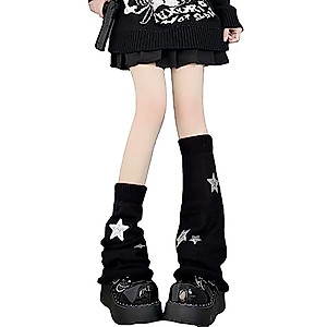 Attria Y2k Star Pattern Knitted Leg Warmers Socks Punk Japanese Kawaii Streetwear Leg Cover for Women Knee High Leg Socks (Black,one size)