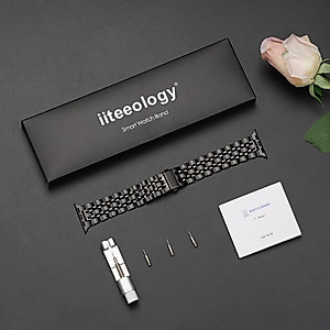 iiteeology Metal Band Compatible with Apple Watch Band 49mm 45mm 44mm 42mm, Upgraded Business Stainless Steel Link Band for Apple Watch Ultra 2/Series 9/Ultra/Series 8/7/6-7 Beads, Black