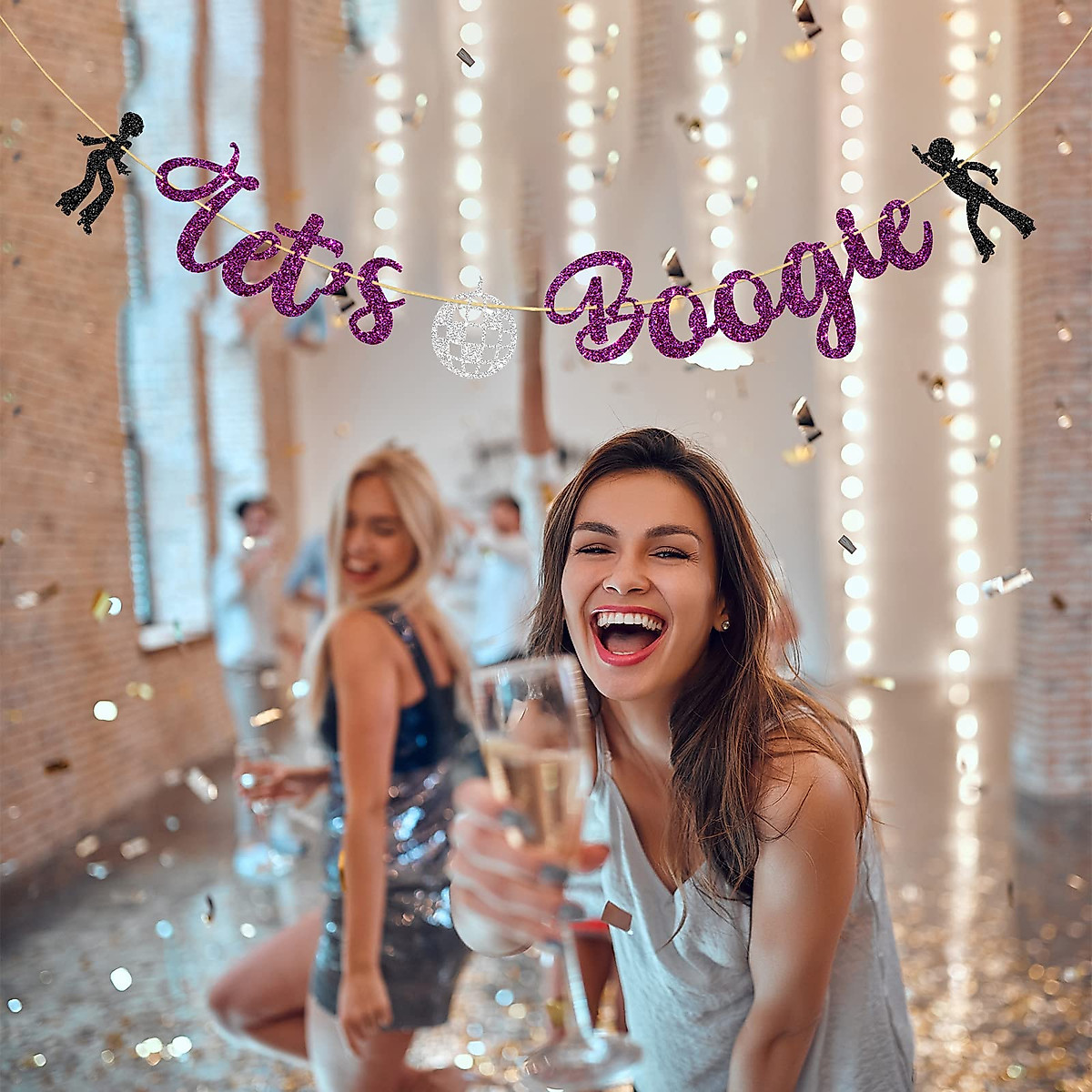 Halawawa Let's Boogie Banner, Disco Theme Birthday / Anniversary / Wedding / Bridal Shower / Bachelorette Party Decoration, Dacing Night Prom Night Bunting Banner, Back to the 90's Party Decor, Purple Glitter