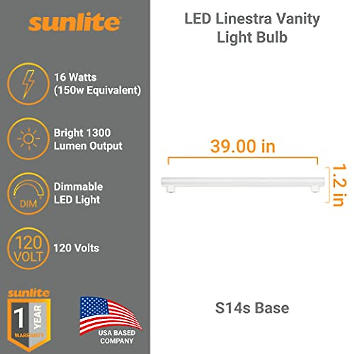 Sunlite 53155-SU LED Linestra Vanity LN150 Replacement Light Bulb, 39 Inches, 16 Watt (150W Equivalent), Dimmable, S14s Base, 1300 Lumens, 1 Count (Pack of 1), 27K-Warm White