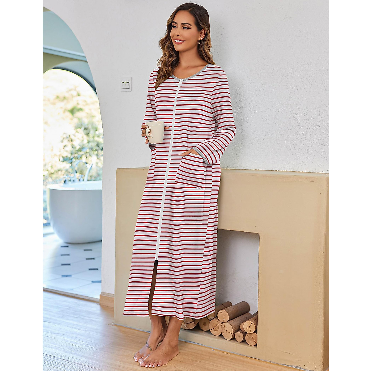 Ekouaer Women Long House Coat Zipper Front Robes Full Length Nightgowns with Pockets Striped Loungewear
