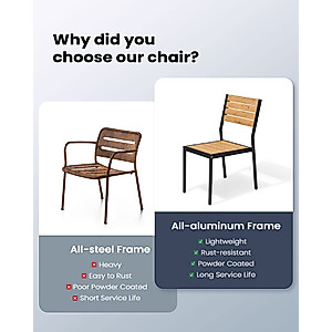 Pellebant Outdoor Stackable Dining Chair, Armless Patio Chair Set of 2, Aluminum Frame with Wood Plastic Composite Seat and Back, All Weather for Patio, Garden, Lawn, Deck, Porch and Yard, Teak Color